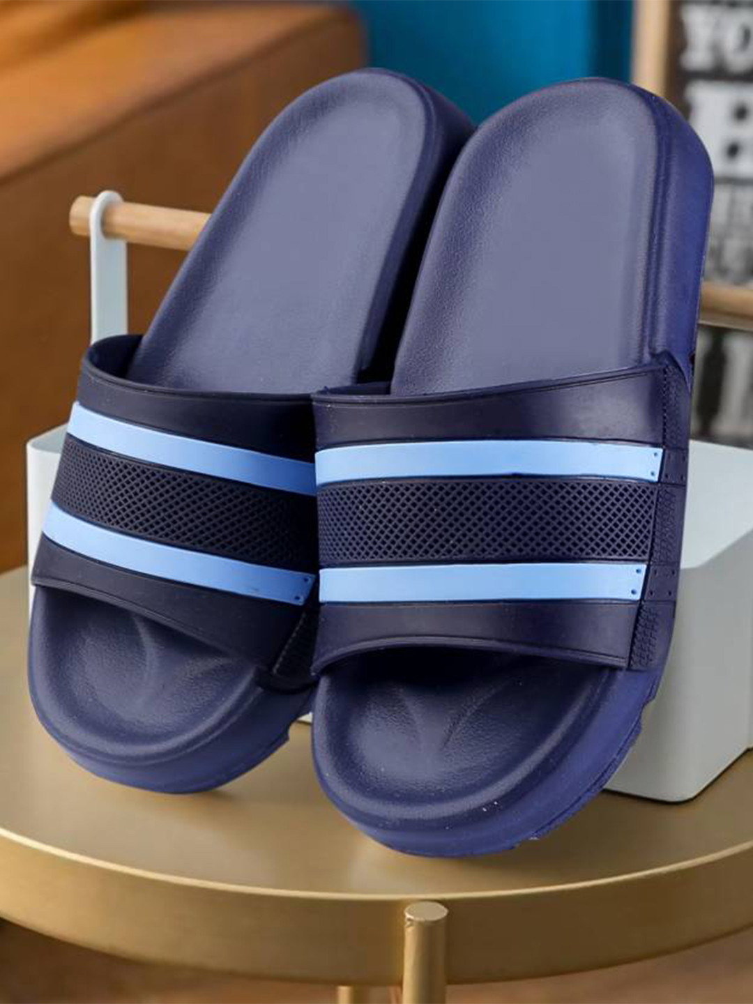 Buy MANSAMUSA Men Blue Striped Croslite Sliders - Flip Flops for Men ...