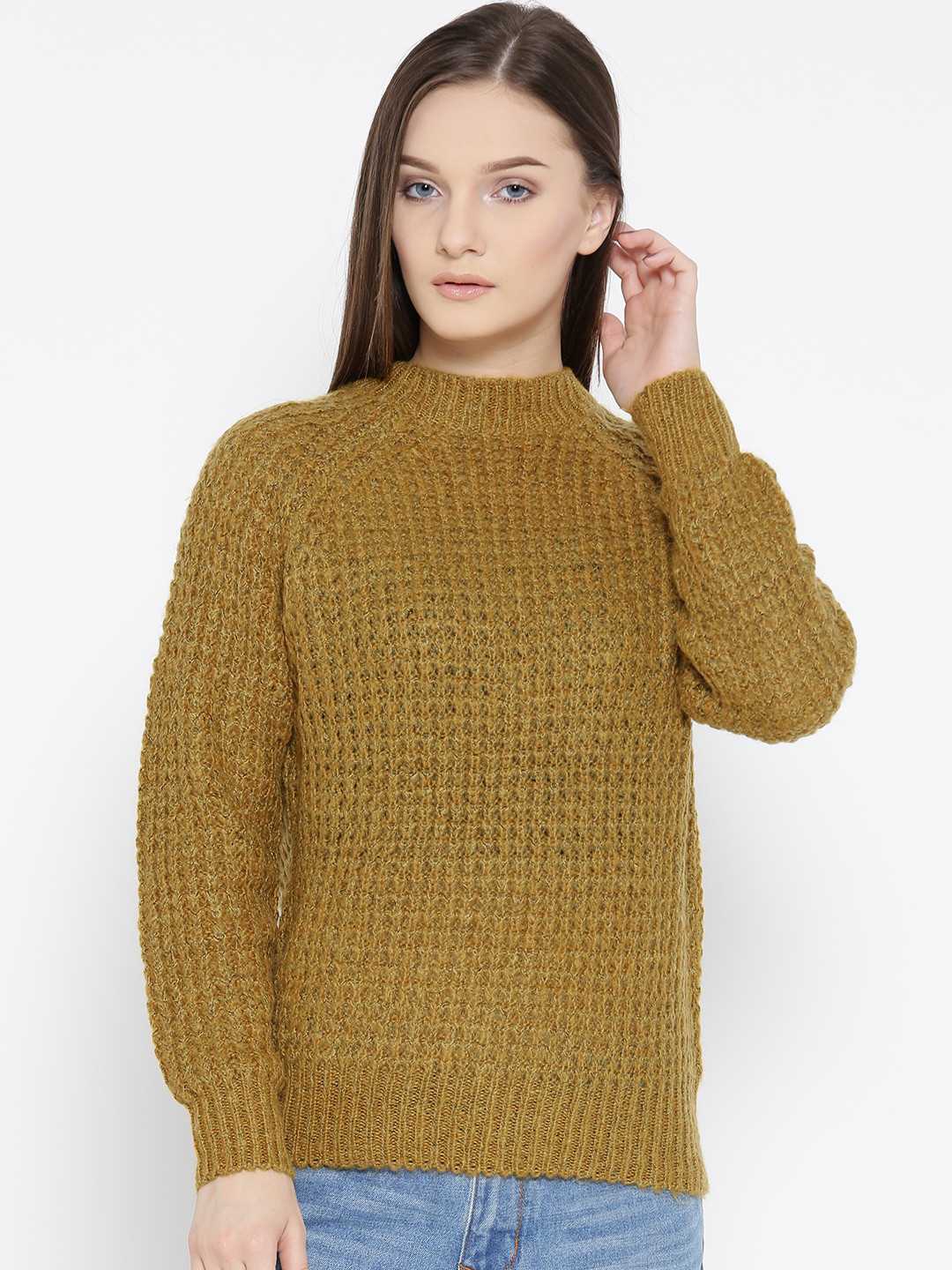 Buy FOREVER 21 Women Mustard Yellow Solid Sweater - Sweaters for Women ...