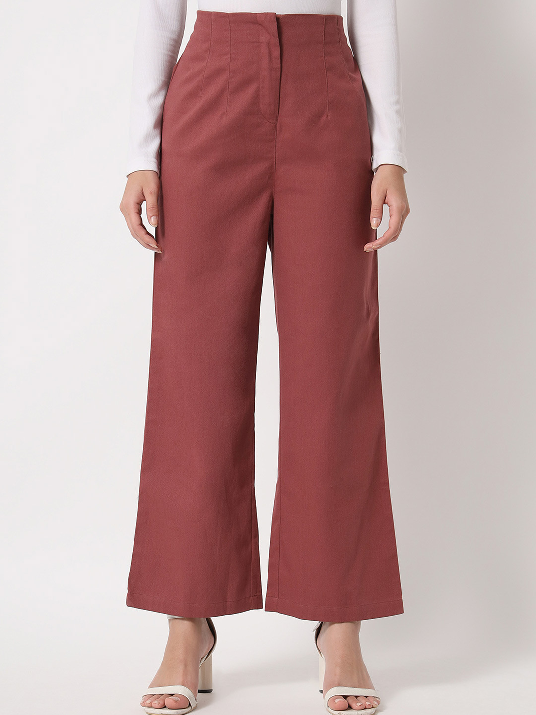 Buy Orchid Blues Women Pink Flared High Rise Pure Cotton Trousers ...