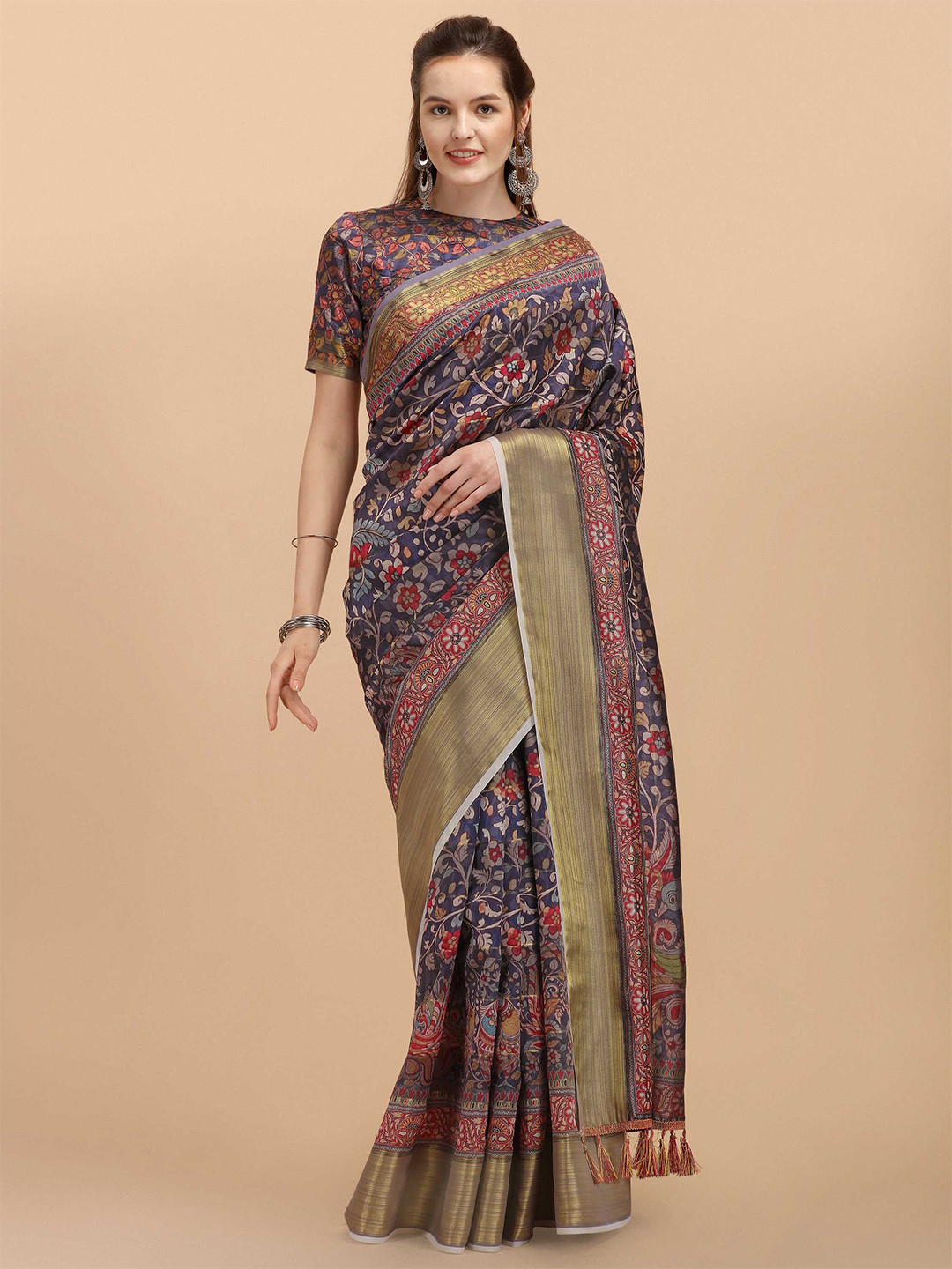 Buy DUNGRANI Women Purple & Pink Kalamkari Art Silk Saree - Sarees for ...