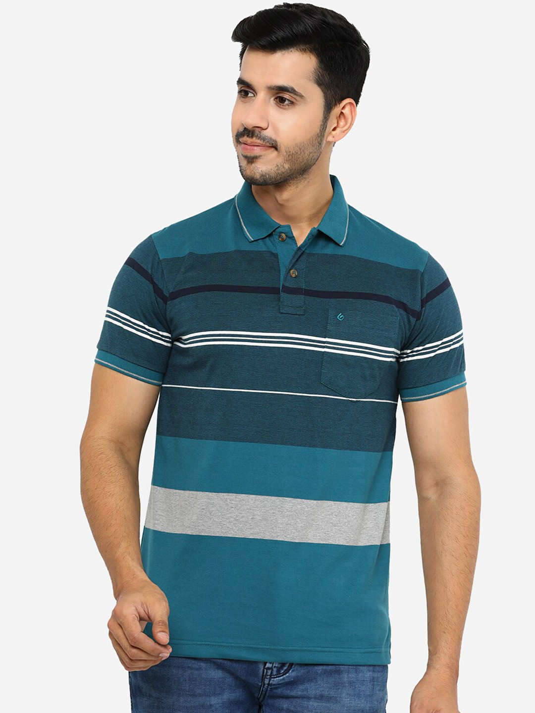 Buy Greenfibre Men Green & Blue Printed Polo Collar Slim Fit T Shirt ...