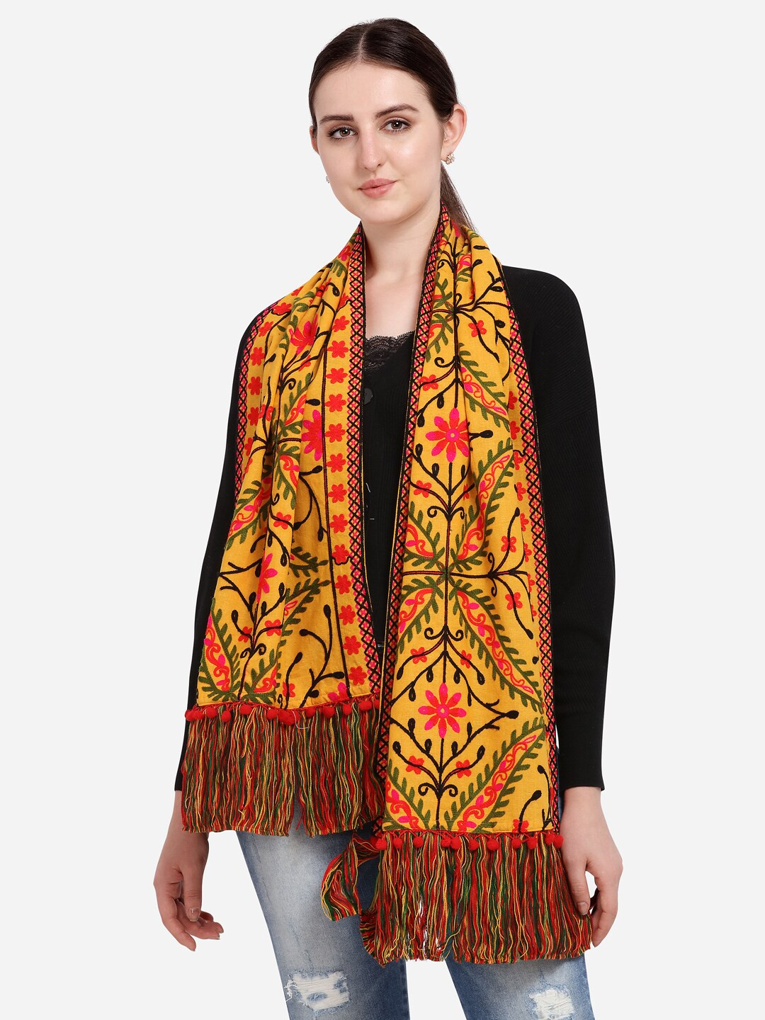 Buy MESMORA FASHION Mustard & Pink Embroidered Woollen Muffler ...