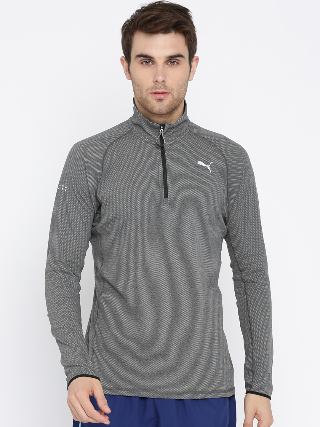 Buy Puma Men Charcoal Grey High Neck Self Design Adapt Thermo R T Shirt ...