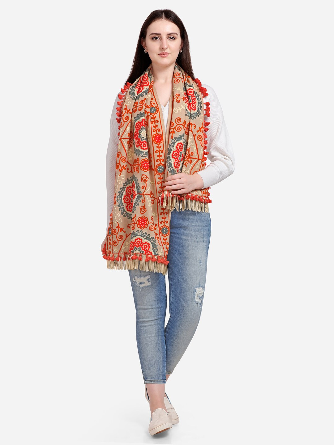 Buy MESMORA FASHION Beige & Peach Coloured Embroidered Woollen Muffler ...