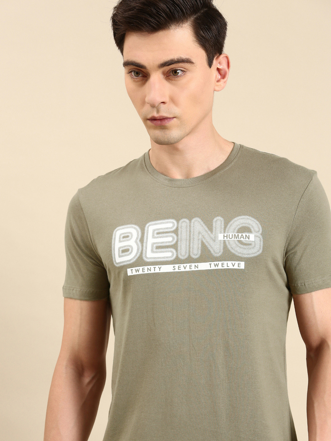 Buy Being Human Men Beige Brand Logo Printed Pure Cotton T Shirt ...