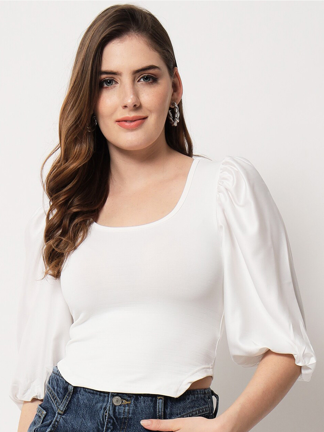 Buy Angloindu White Solid Scoop Neck Puffed Sleeve Crop Top - Tops for ...