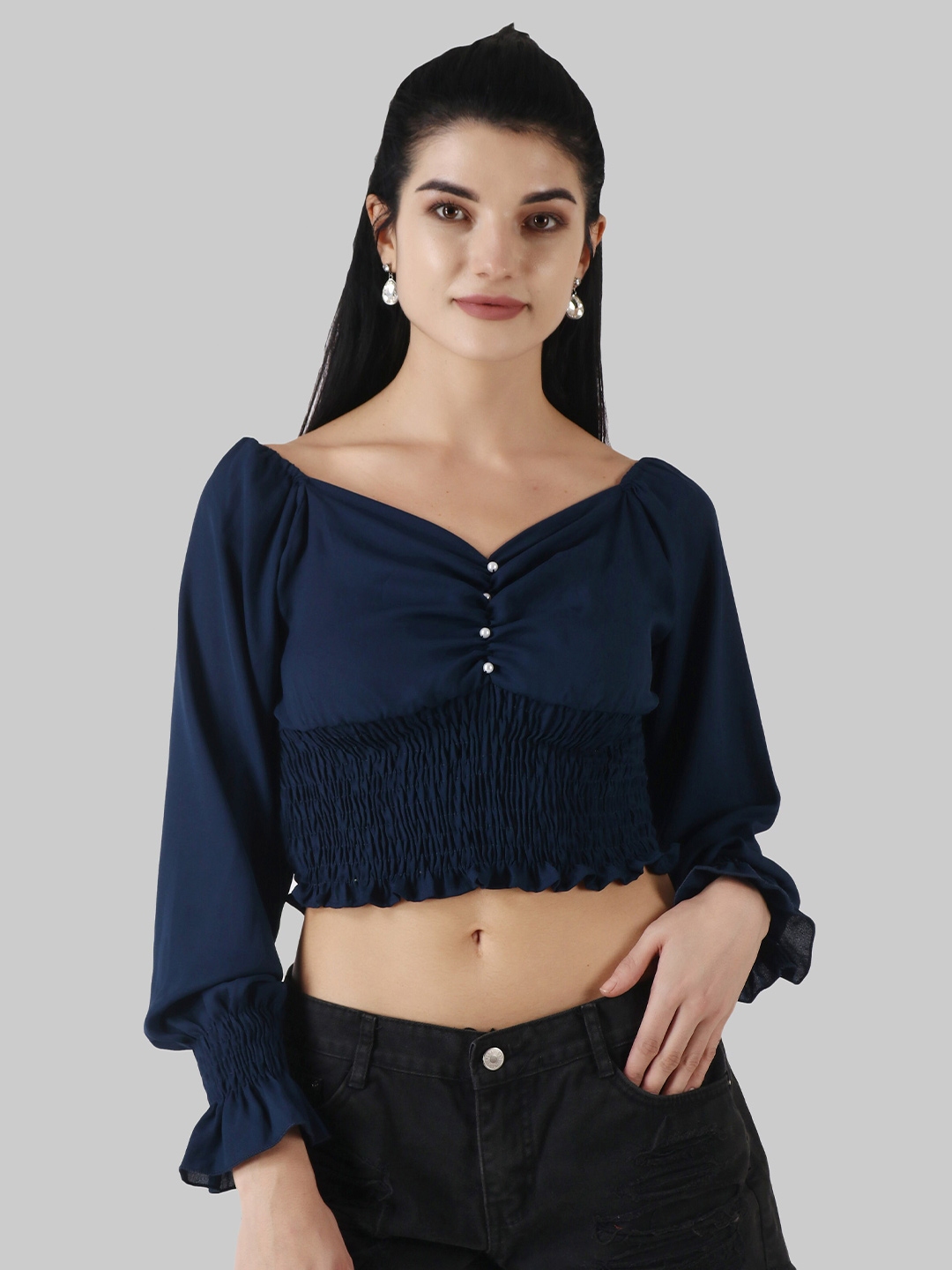 Buy Popwings Navy Blue Solid Bishop Sleeves Empire Crop Top Tops For
