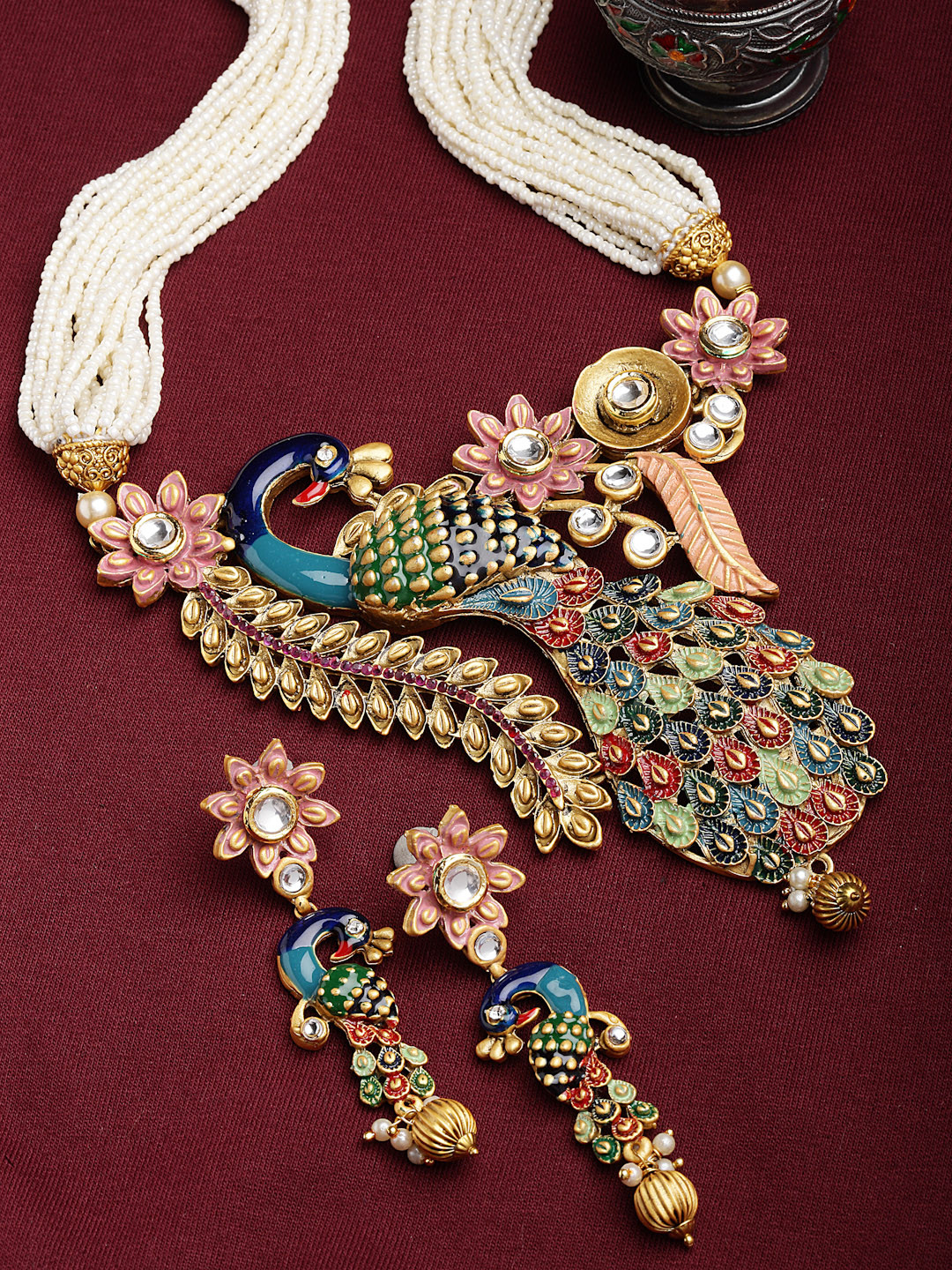 Buy PANASH Gold Plated & White Kundan Meenakari Jewellery Set ...