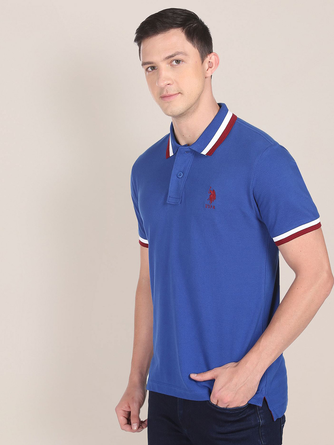 Buy U.S. Polo Assn. Men Blue Solid Heritage Tipped Polo Collar Cotton T ...