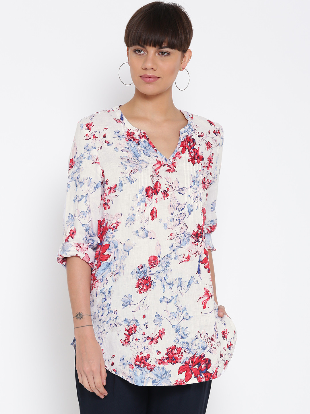 Buy Marks & Spencer Women White & Red Linen Floral Print Tunic - Tunics ...