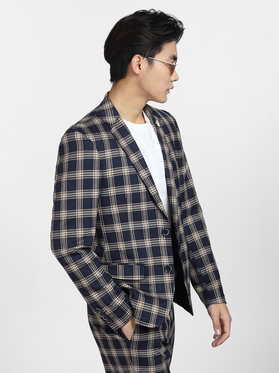 Buy Jack & Jones Men Blue & Beige Checked Single Breasted Slim Fit ...