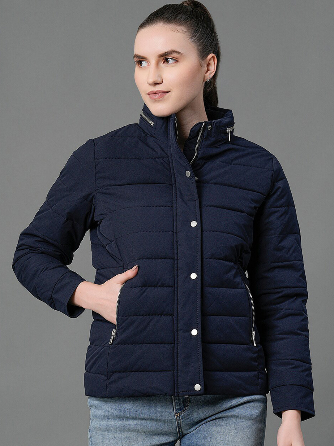Buy Mode By Red Tape Women Navy Blue Padded Jacket - Jackets for Women ...