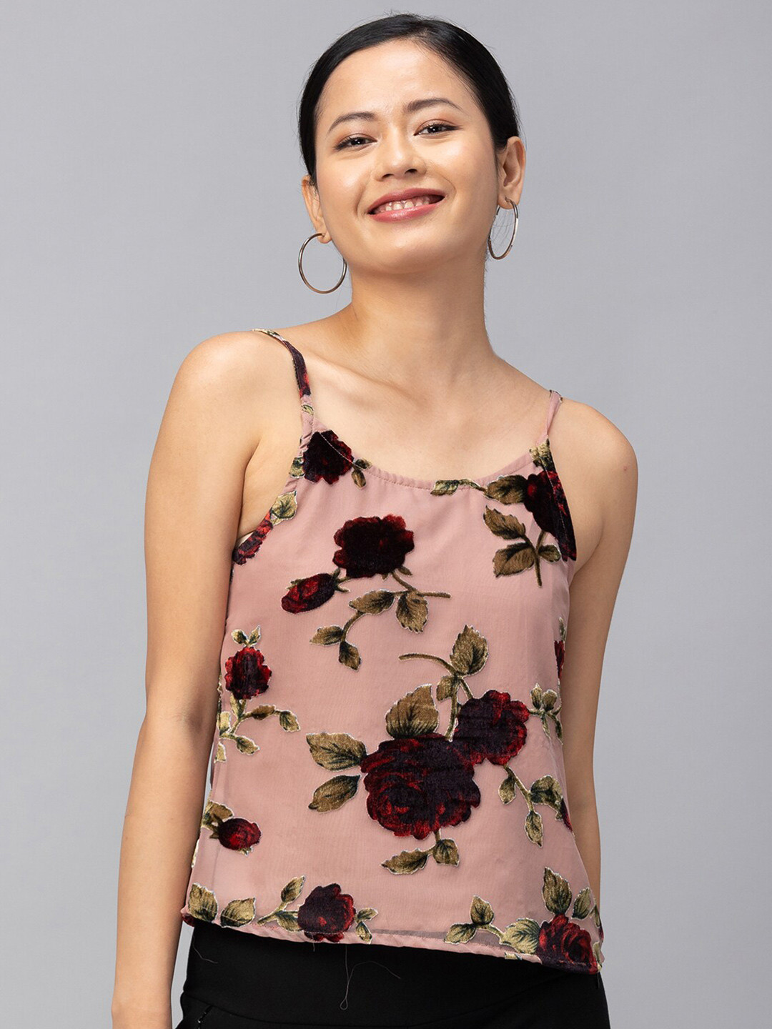 Buy Globus Nude Coloured & Maroon Floral Print Net Top - Tops for Women ...