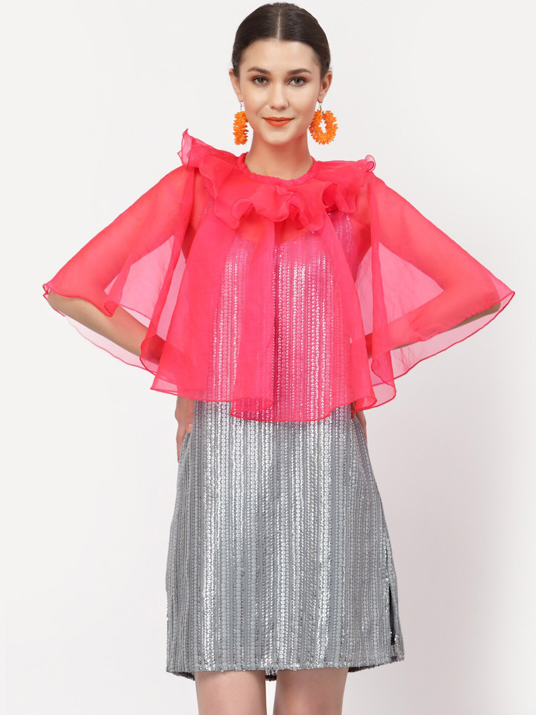 Buy LELA Women Lightweight Crop Frill Sheer Cape Top - Tops for Women ...