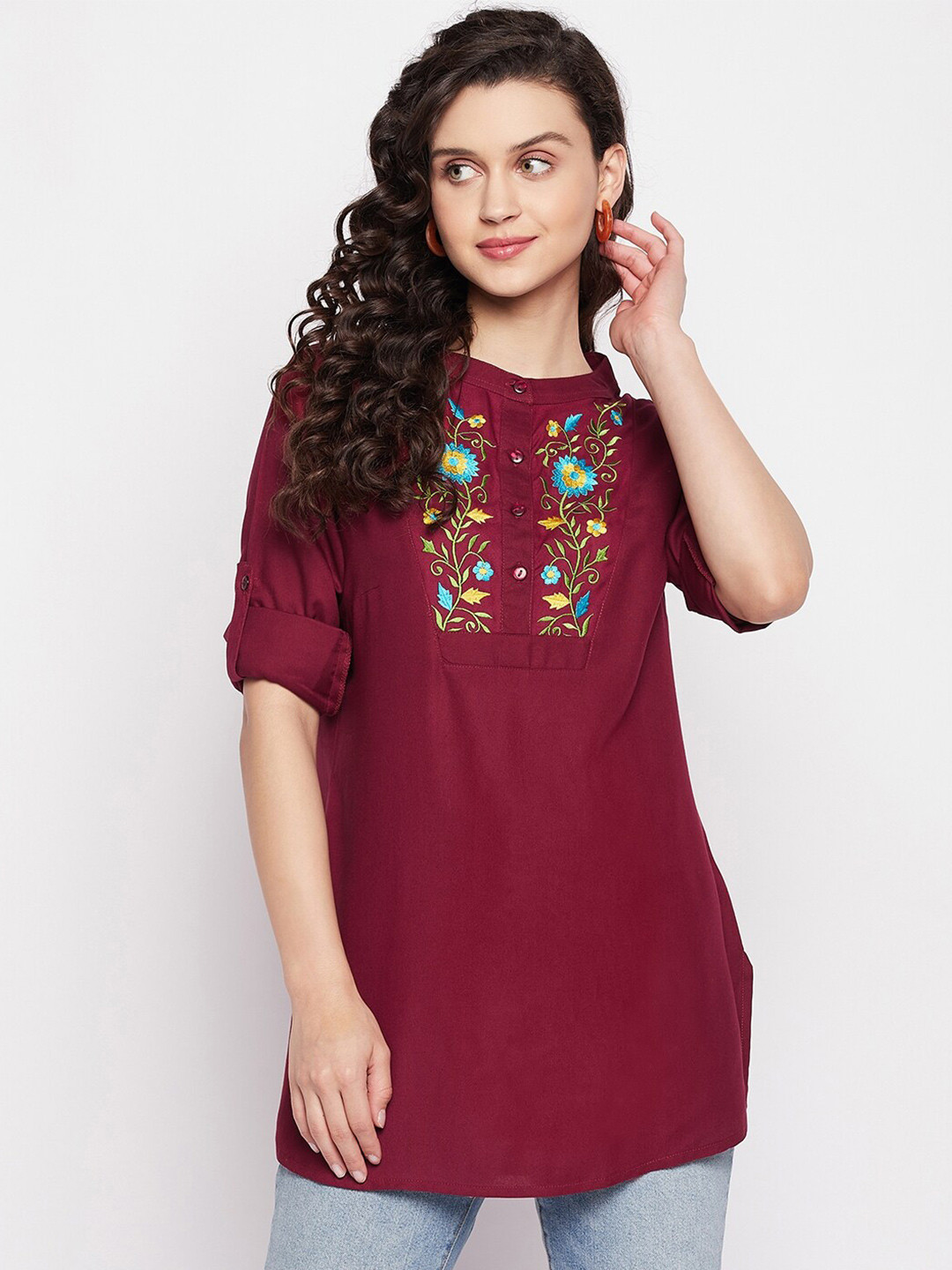 Buy Ruhaans Women Maroon & Blue Viscose Rayon Mandarin Collar Tunic ...