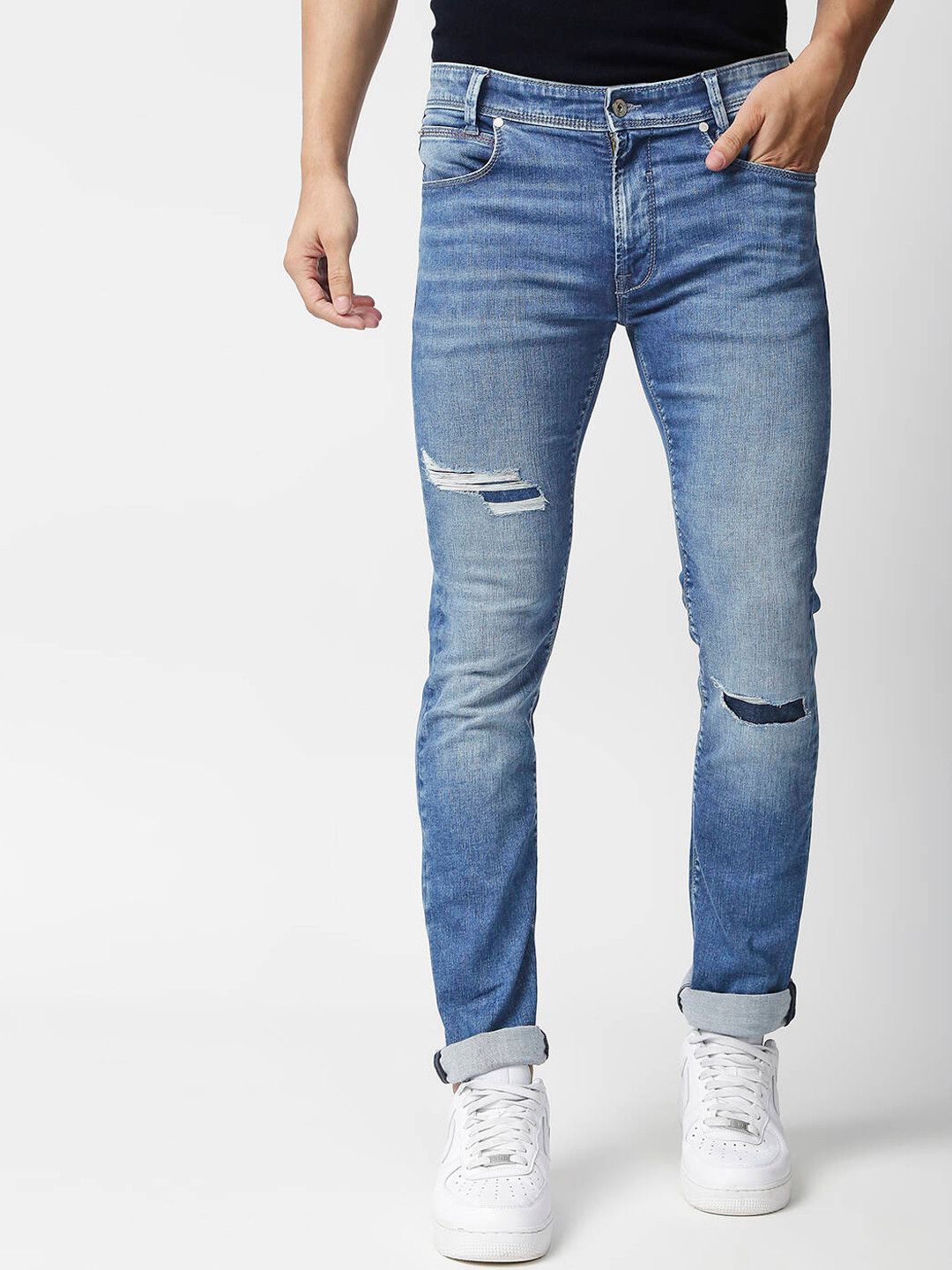 Buy Pepe Jeans Men Blue Slim Fit Slash Knee Heavy Fade Stretchable ...