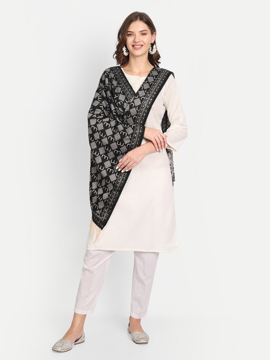 Buy HK Colours Of Fashion Women Black & Grey Woven Design Stole ...