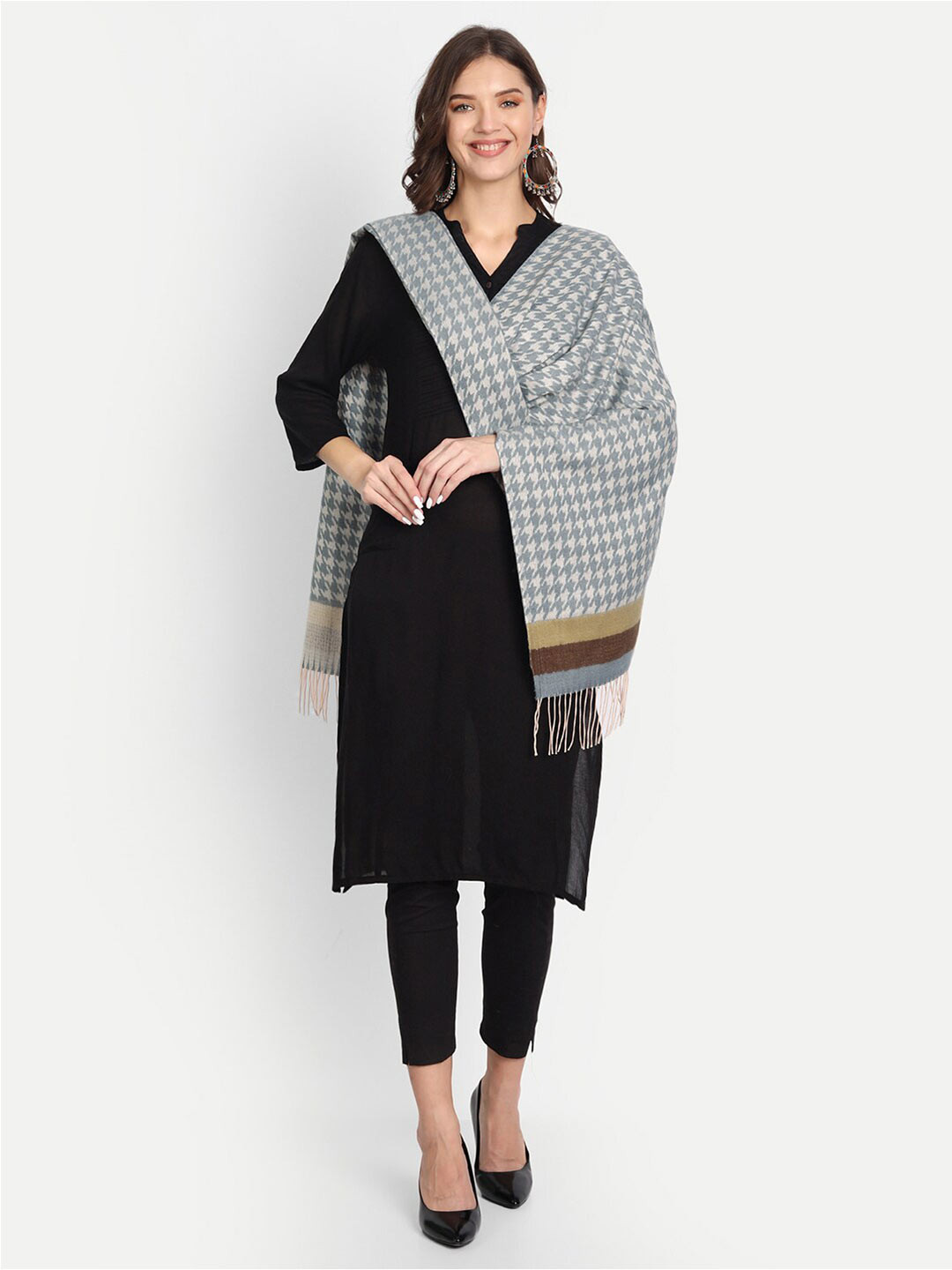 Buy HK Colours Of Fashion Women Grey & White Woven Design Stole ...