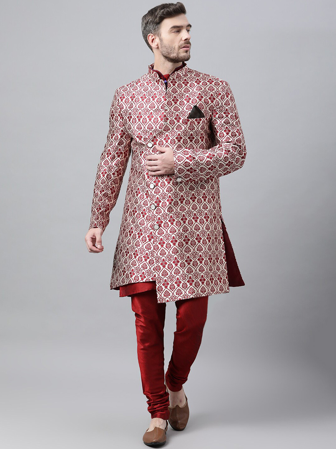 Buy Hangup Trend Men Maroon & White Woven Design Sherwani Set ...