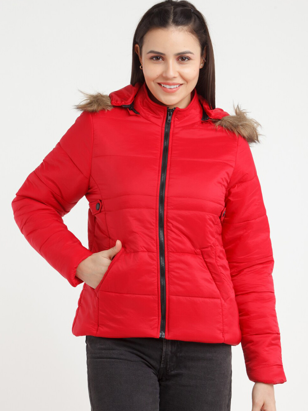 Buy Zink London Women Red Hooded Padded Jacket - Jackets for Women ...