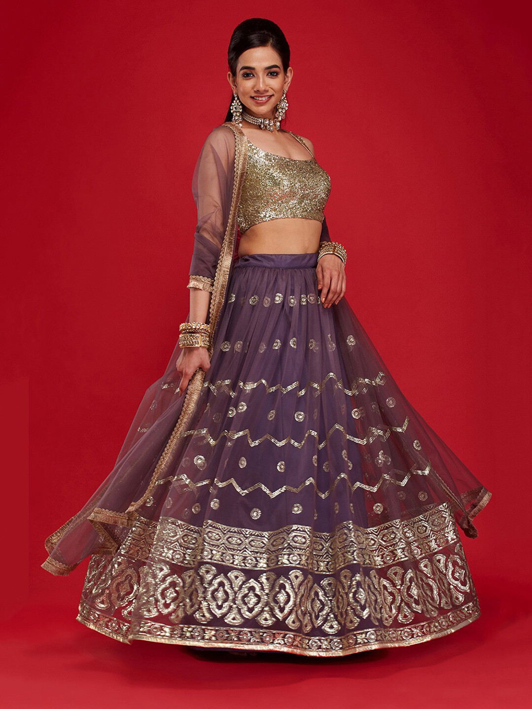 Buy 6Y COLLECTIVE Women Purple & Gold Embellished Semi Stitched Lehenga ...