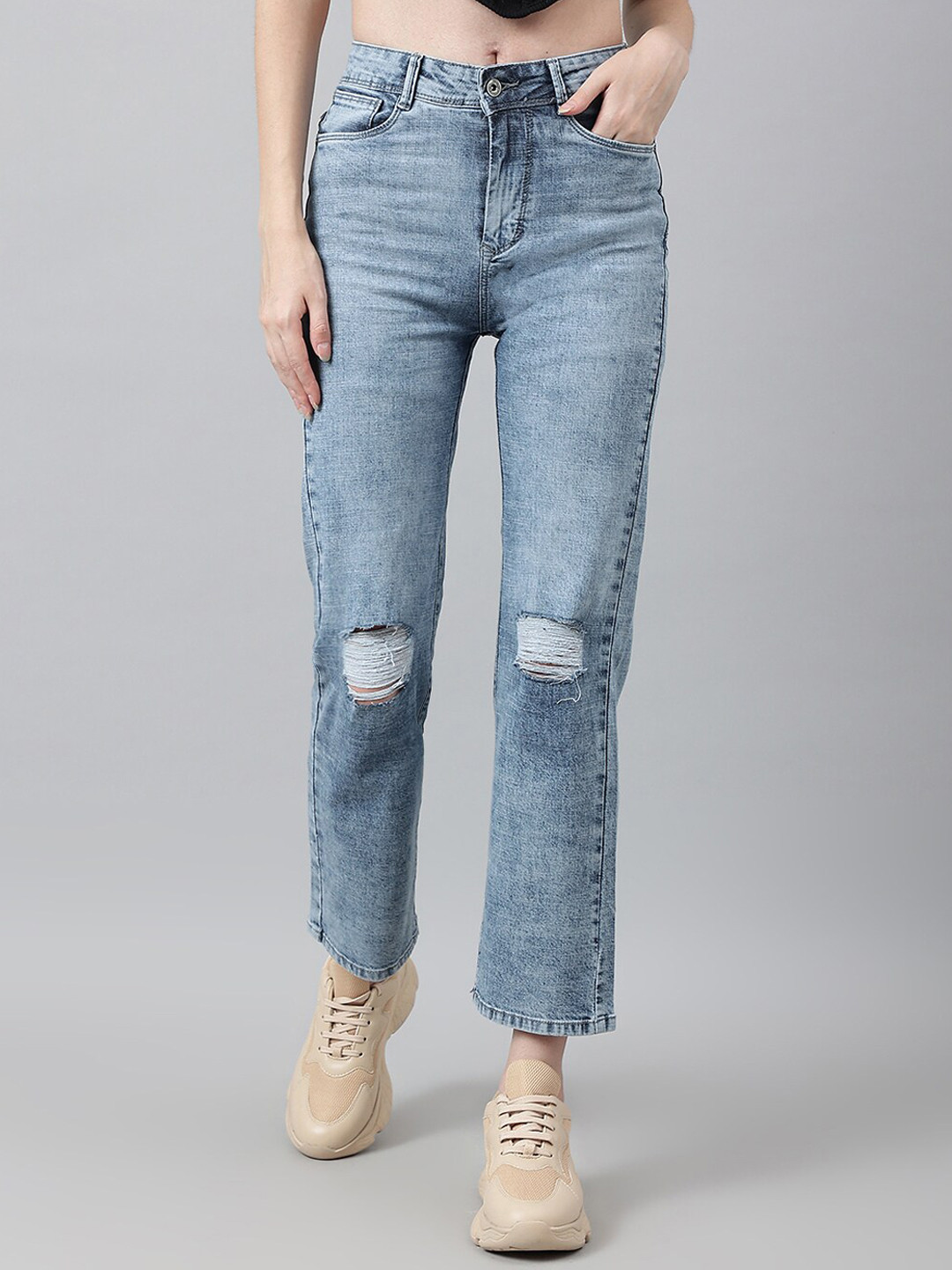 Buy Code 61 Women Blue Relaxed Fit High Rise Slash Knee Heavy Fade Acid ...