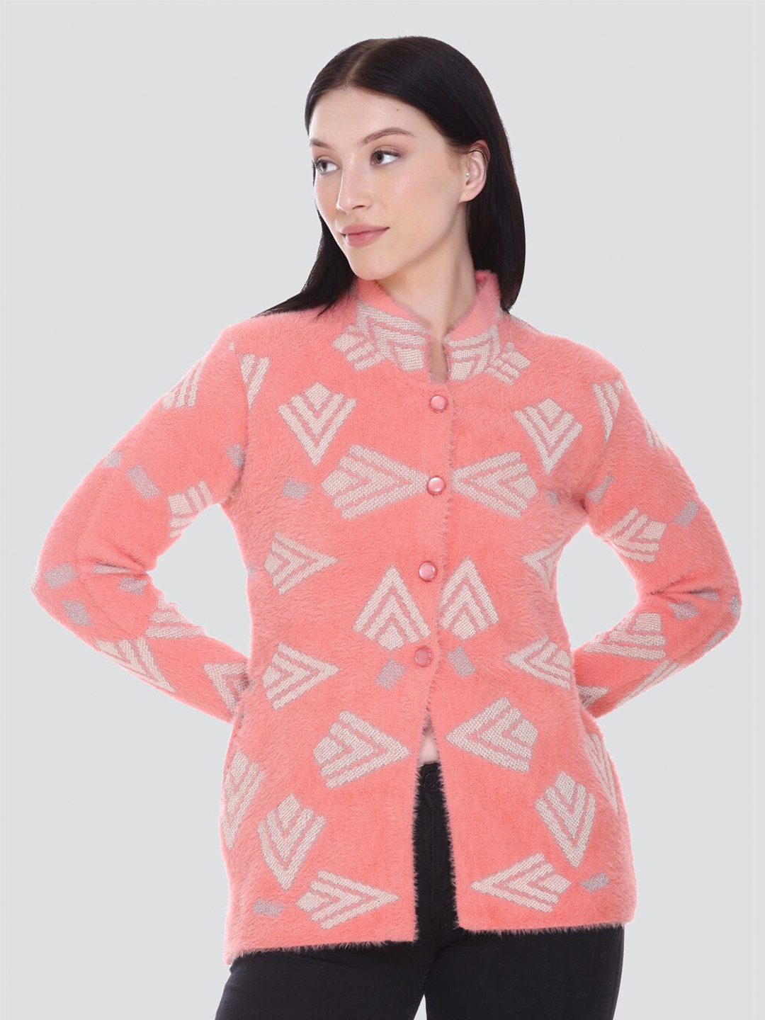 Buy Arshiya Women Coral & White Open Front Cardigan WIth Fuzzy Detail ...