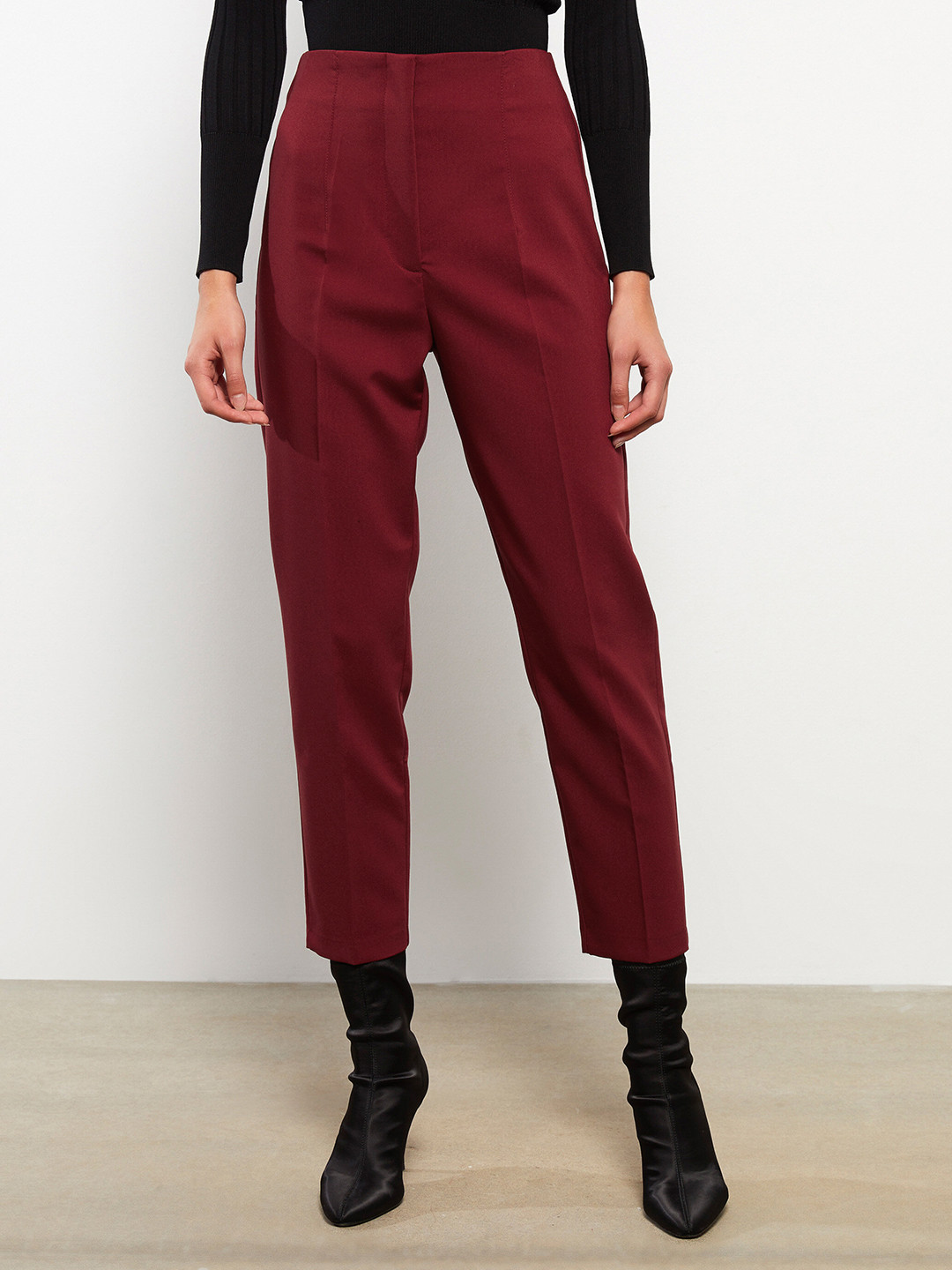 Buy LC Waikiki Women Maroon Solid Straight Fit Trousers - Trousers for ...
