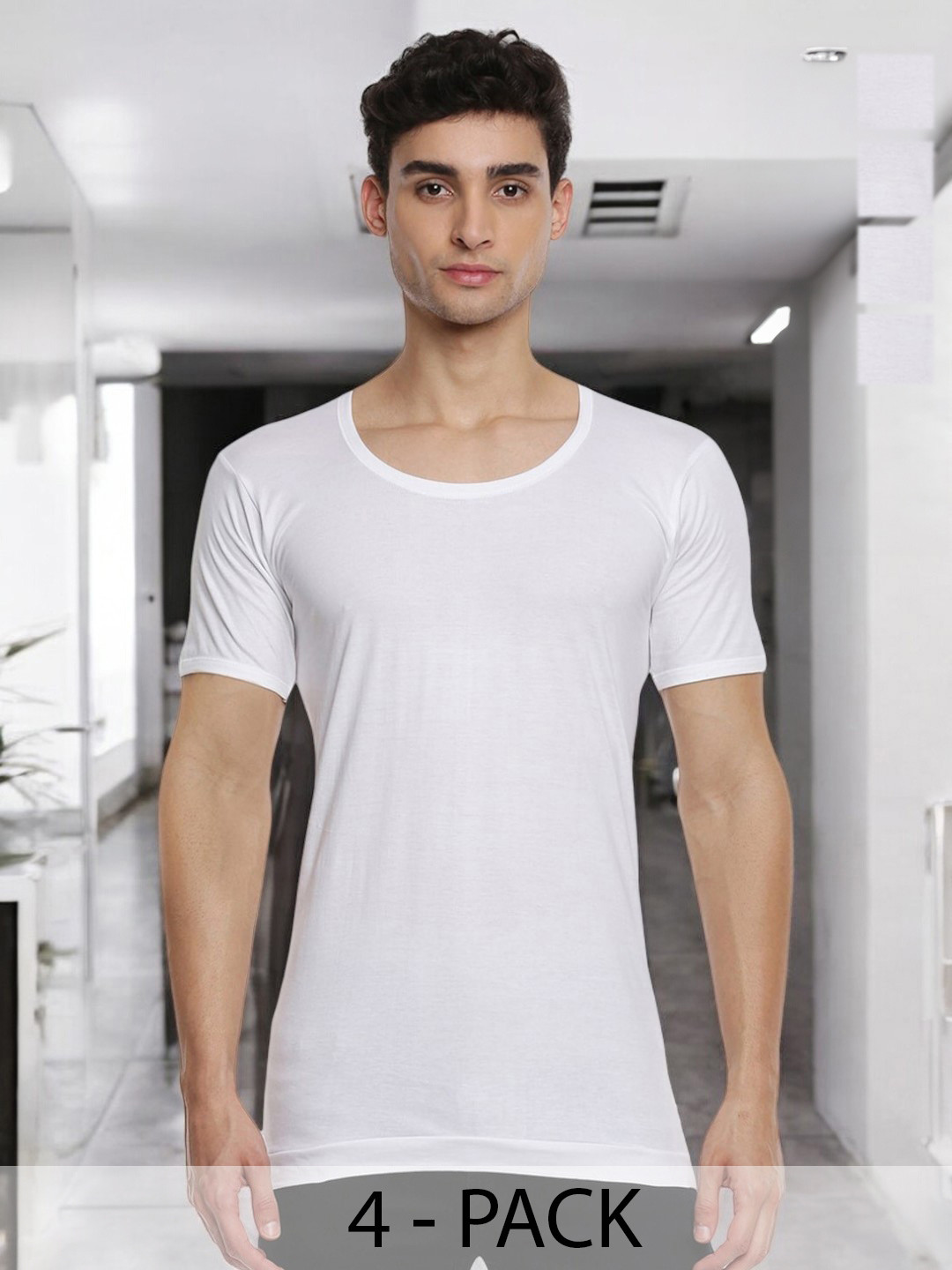 Buy Ramraj Pack Of 4 Men White Round Neck Half Sleeve Cotton Innerwear ...