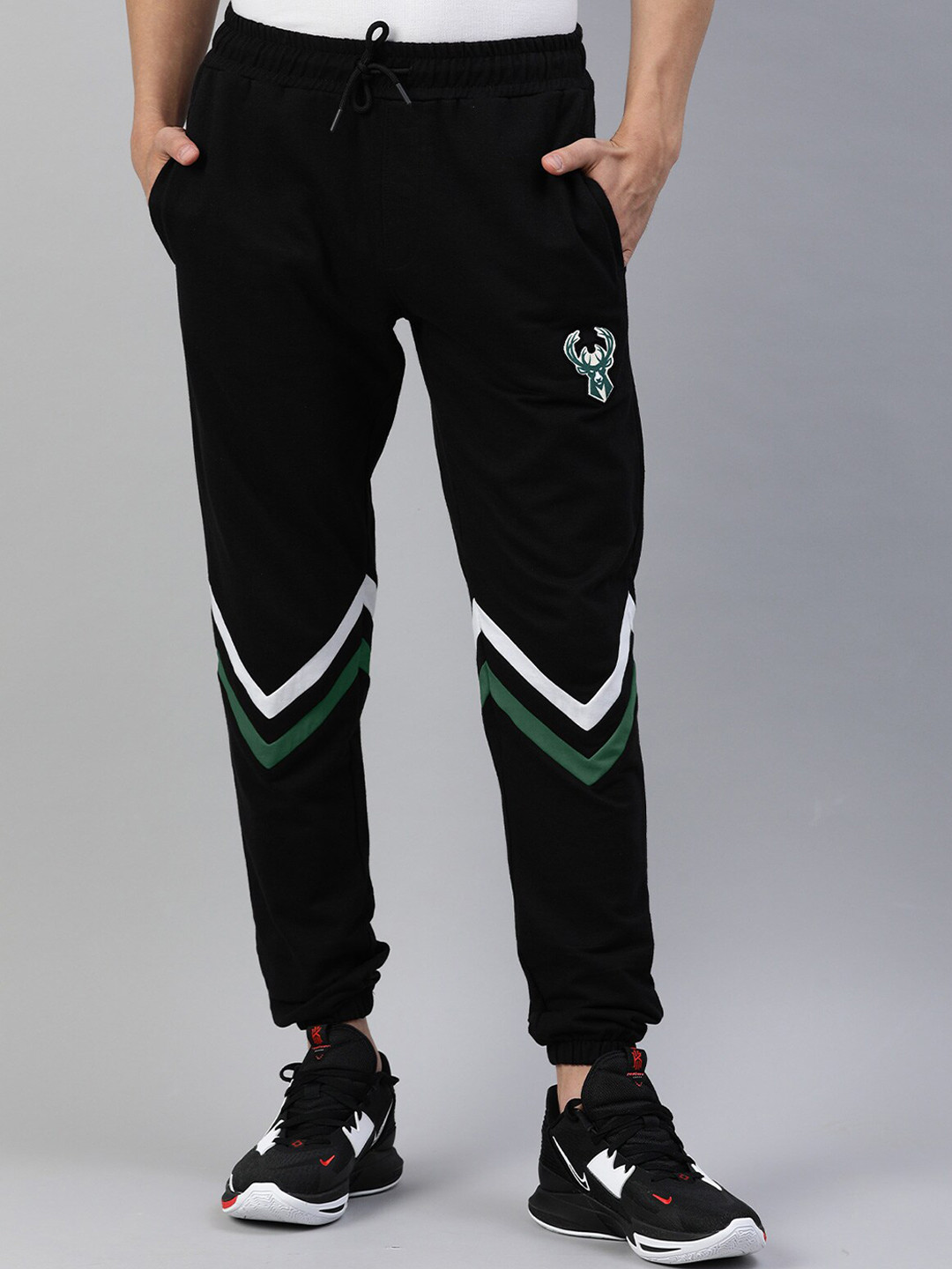 Buy NBA Men Black Milwaukee Bucks Contrast Striped Cotton Joggers ...
