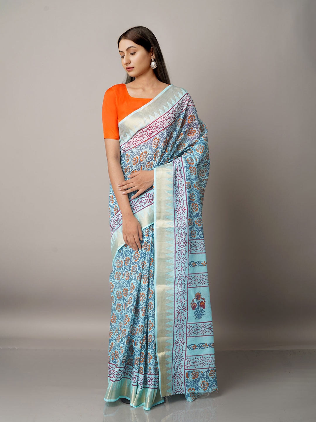 Buy Unnati Silks Blue & Orange Ethnic Motifs Zari Pure Cotton Kota ... Buy Unnati Silks Blue & Orange Ethnic Motifs Zari Pure Cotton Kota ...