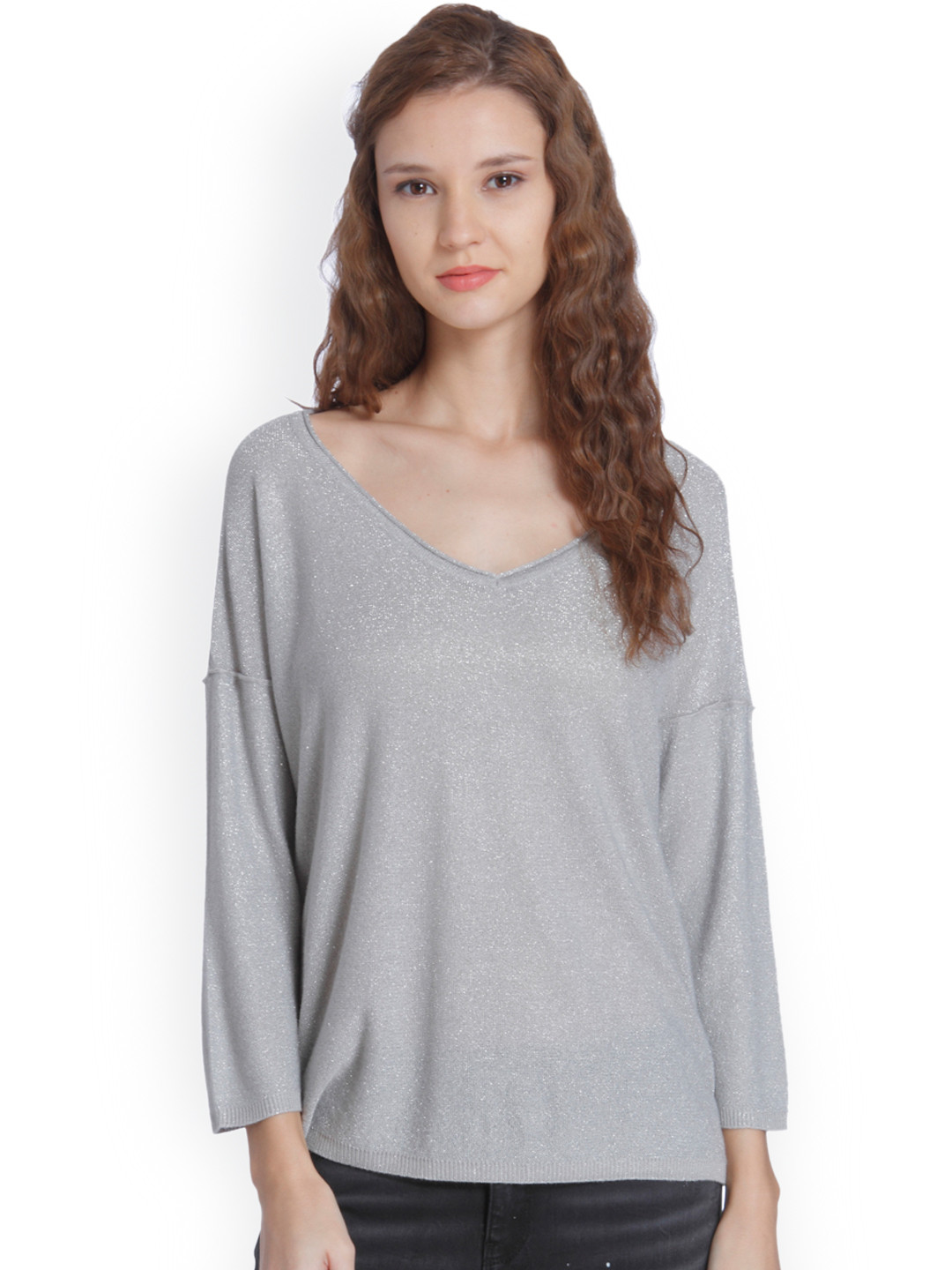 Buy ONLY Women Grey & Silver Toned Solid Pullover - Sweaters for Women ...