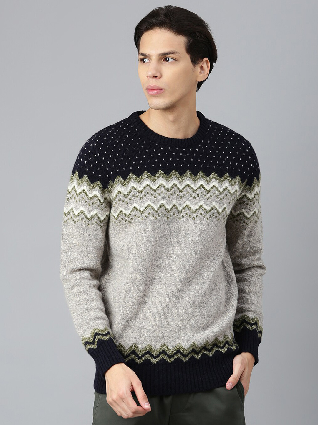 Buy Woodland Men Grey & Black Geometric Round Neck Pullover - Sweaters ...