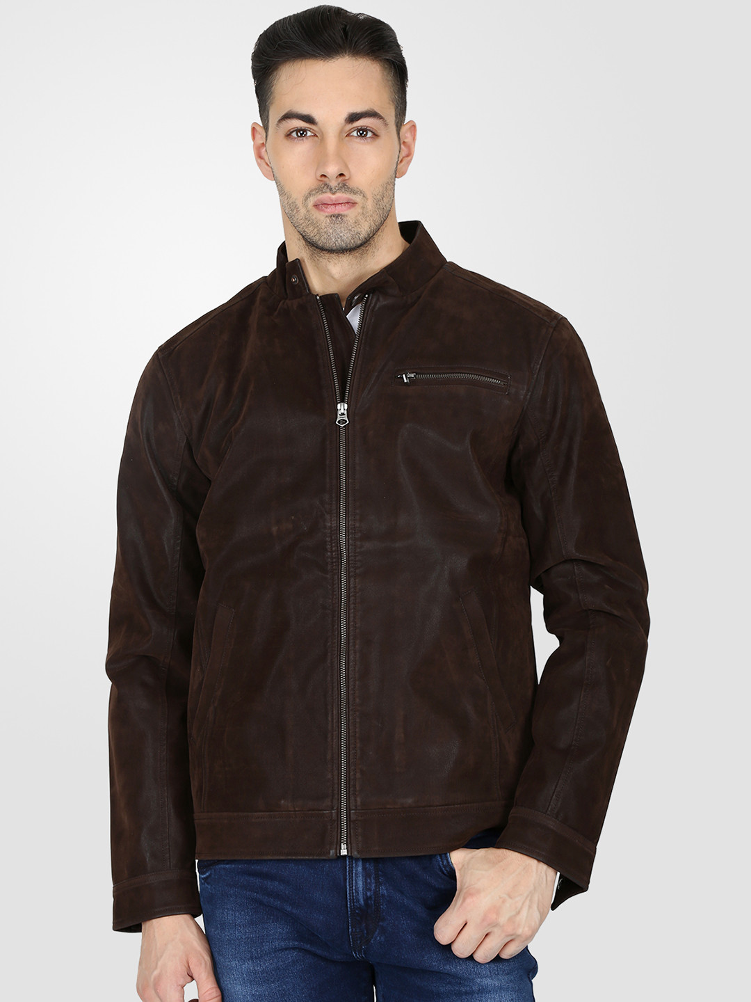 Buy T Base Men Coffee Brown Solid Leather Biker Jacket - Jackets for ...