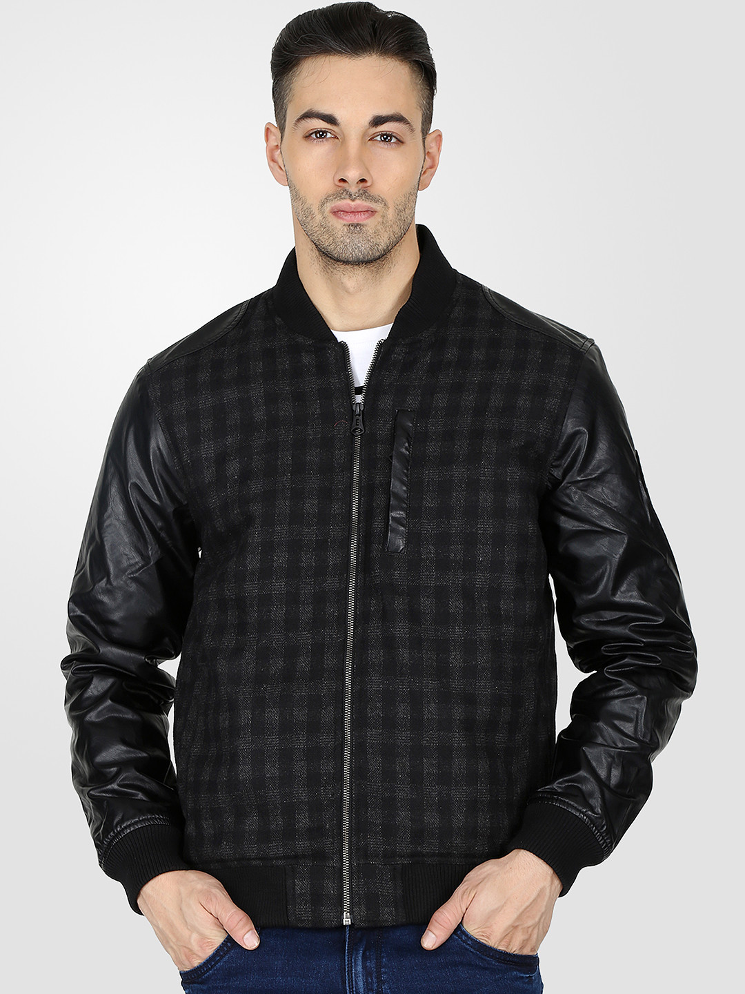 Buy T Base Men Black Self Checked Bomber Jacket - Jackets for Men ...