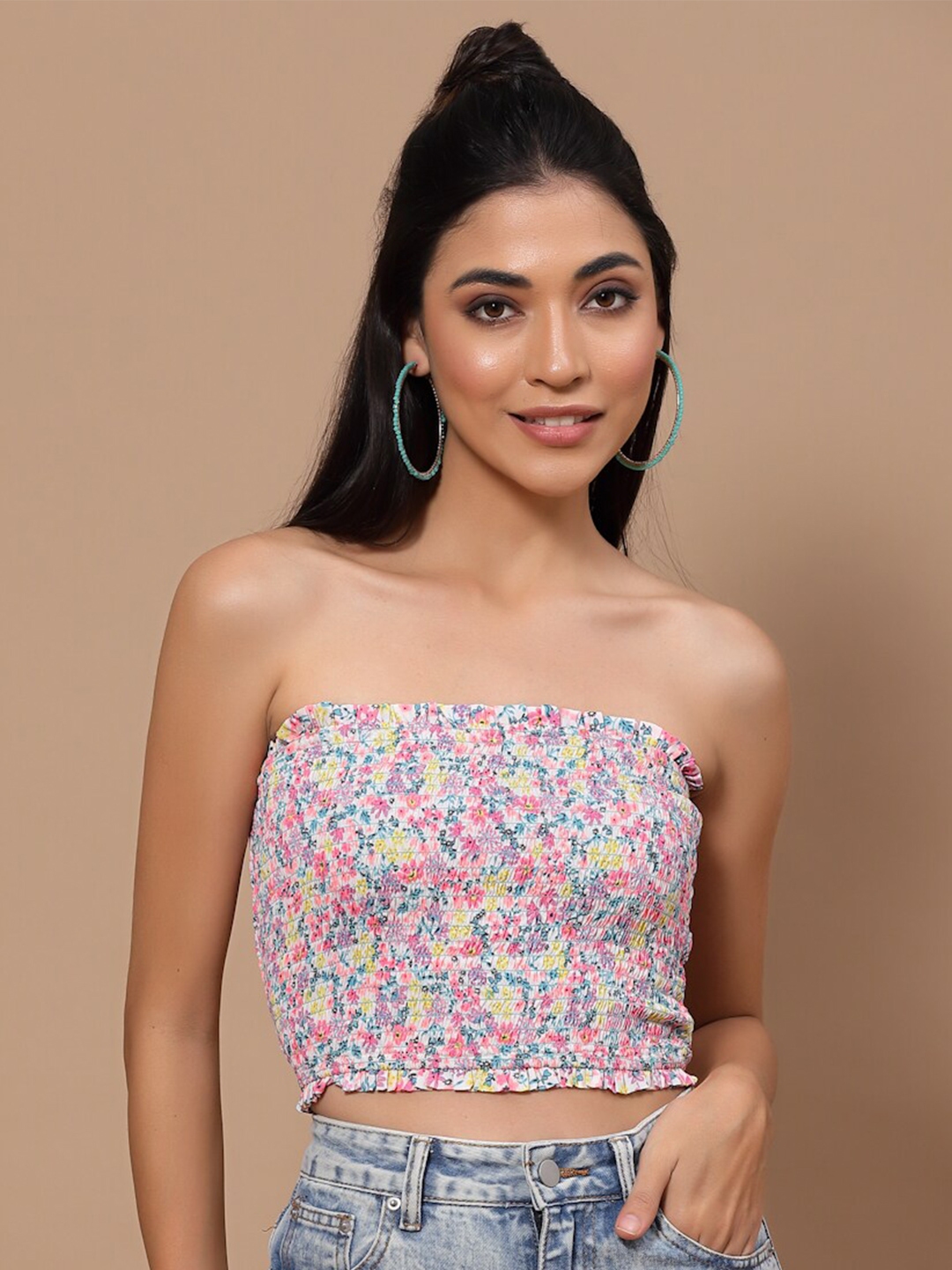 Buy House Of Kkarma Women Blue And Pink Floral Print Crepe Tube Crop Top