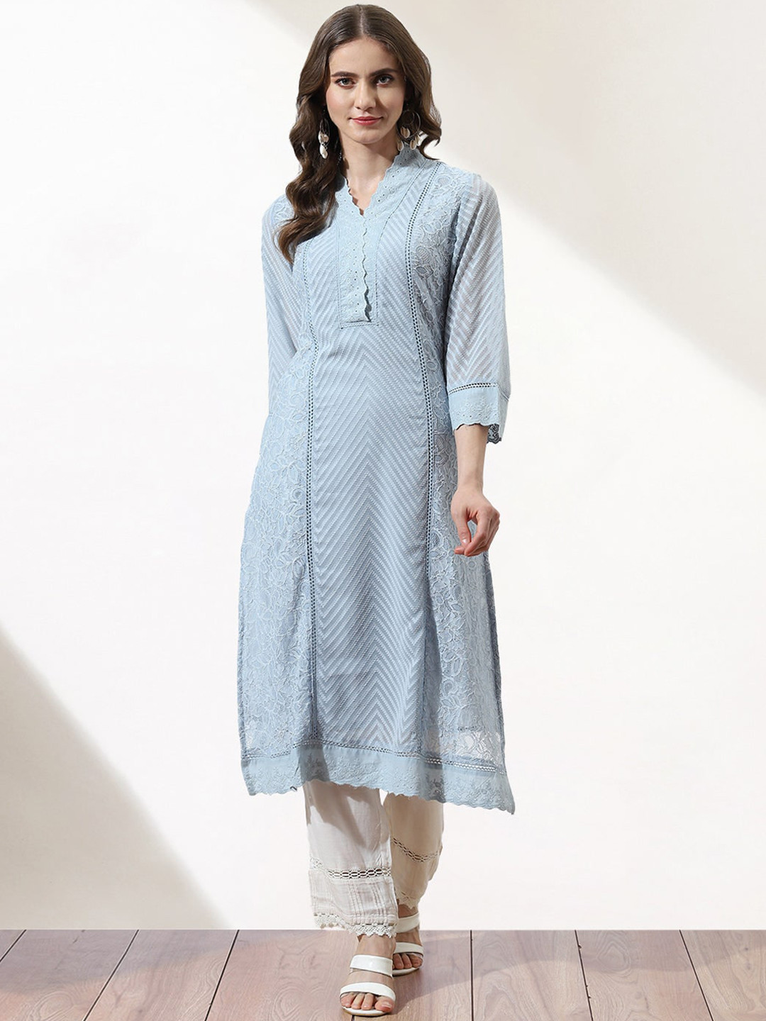 Buy Lakshita Women Blue Floral Woven Design Kurta With Lace Details ...