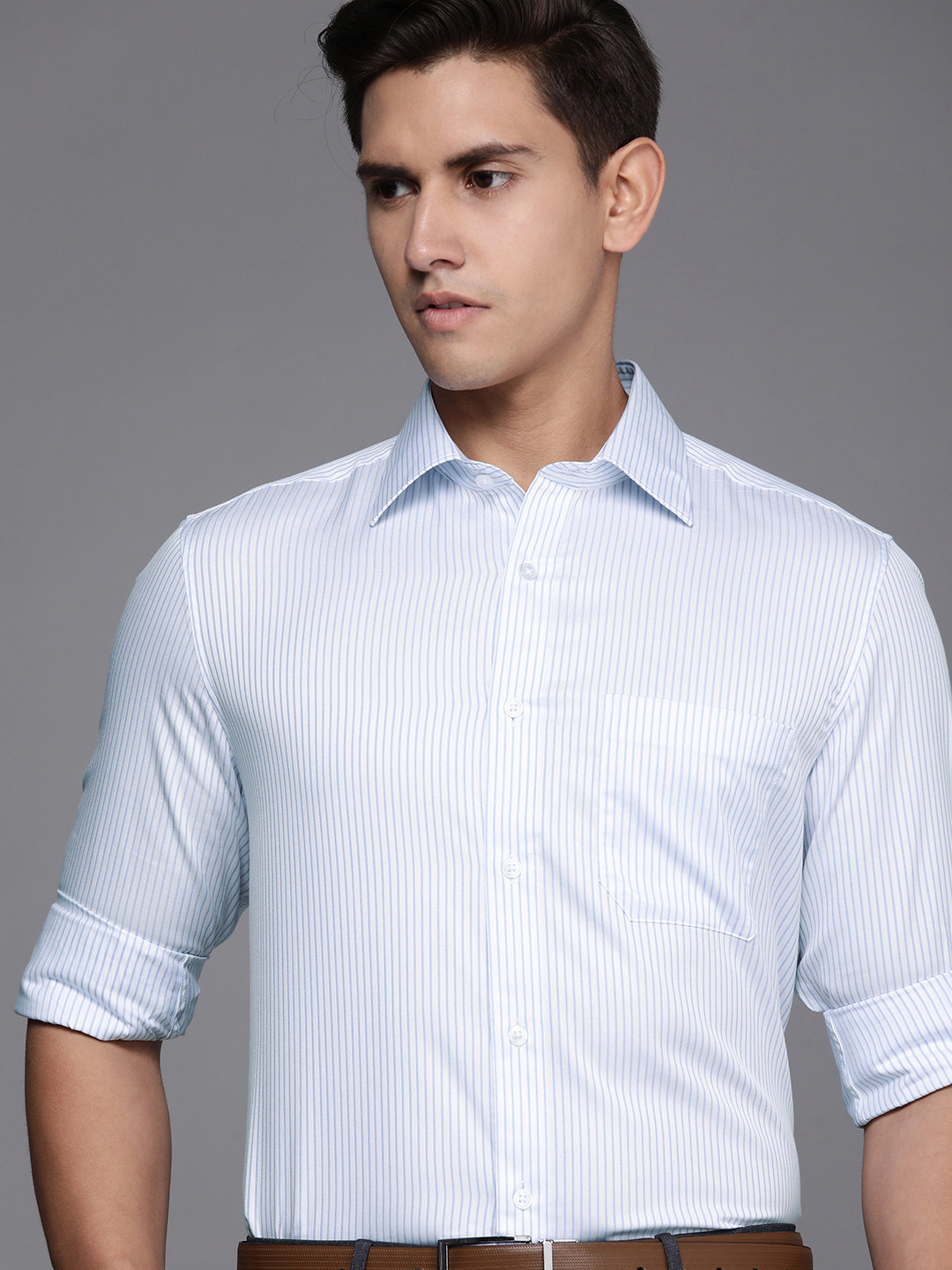 Buy Louis Philippe Men White & Blue Classic Fit Striped Pure Cotton ...