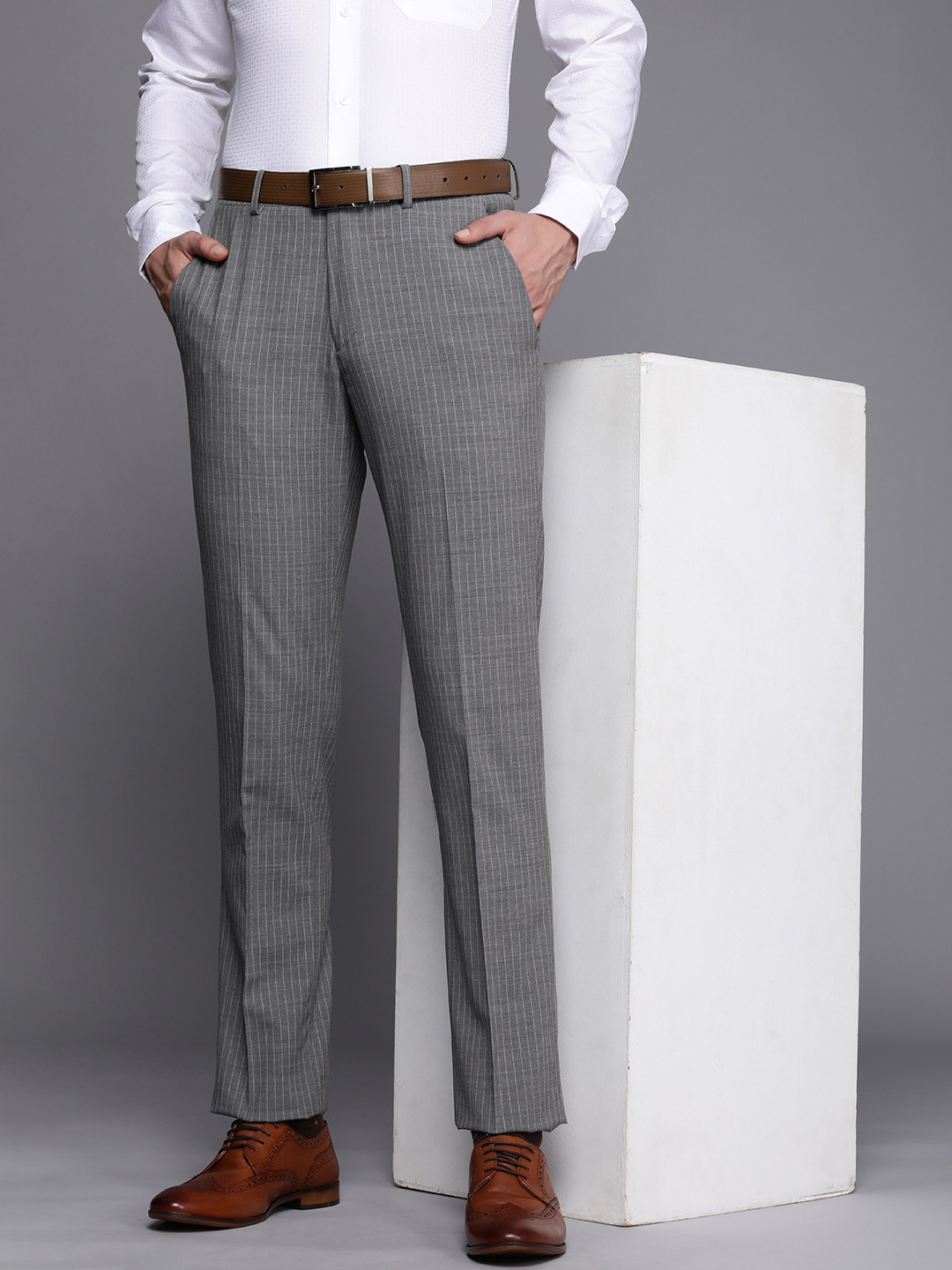 Buy Louis Philippe Men Grey Striped Slim Fit Flat Front Formal Trousers ...
