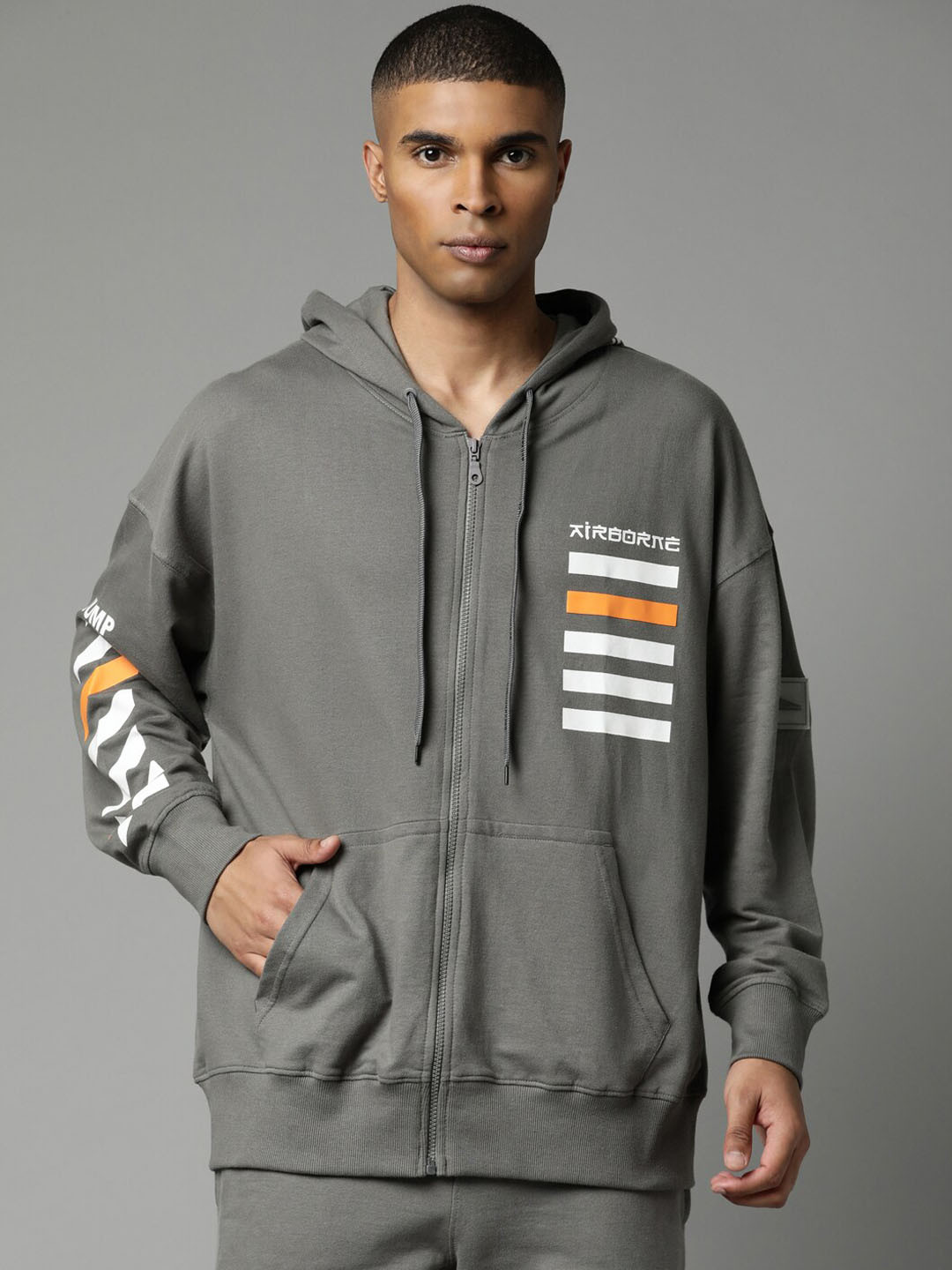 Buy Breakbounce Men Grey Striped Cotton Hooded Bomber Jacket - Jackets ...