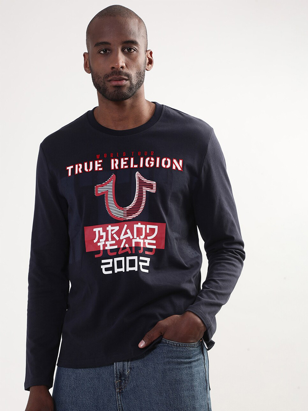Buy True Religion Men Navy Blue Typography Printed Pure Cotton T Shirt ...