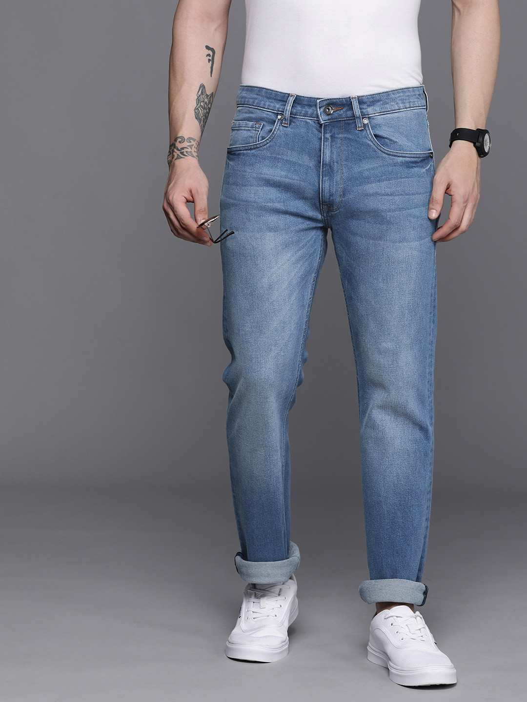 Buy Louis Philippe Jeans Men Blue Bootcut Heavy Fade Stretchable Jeans ...