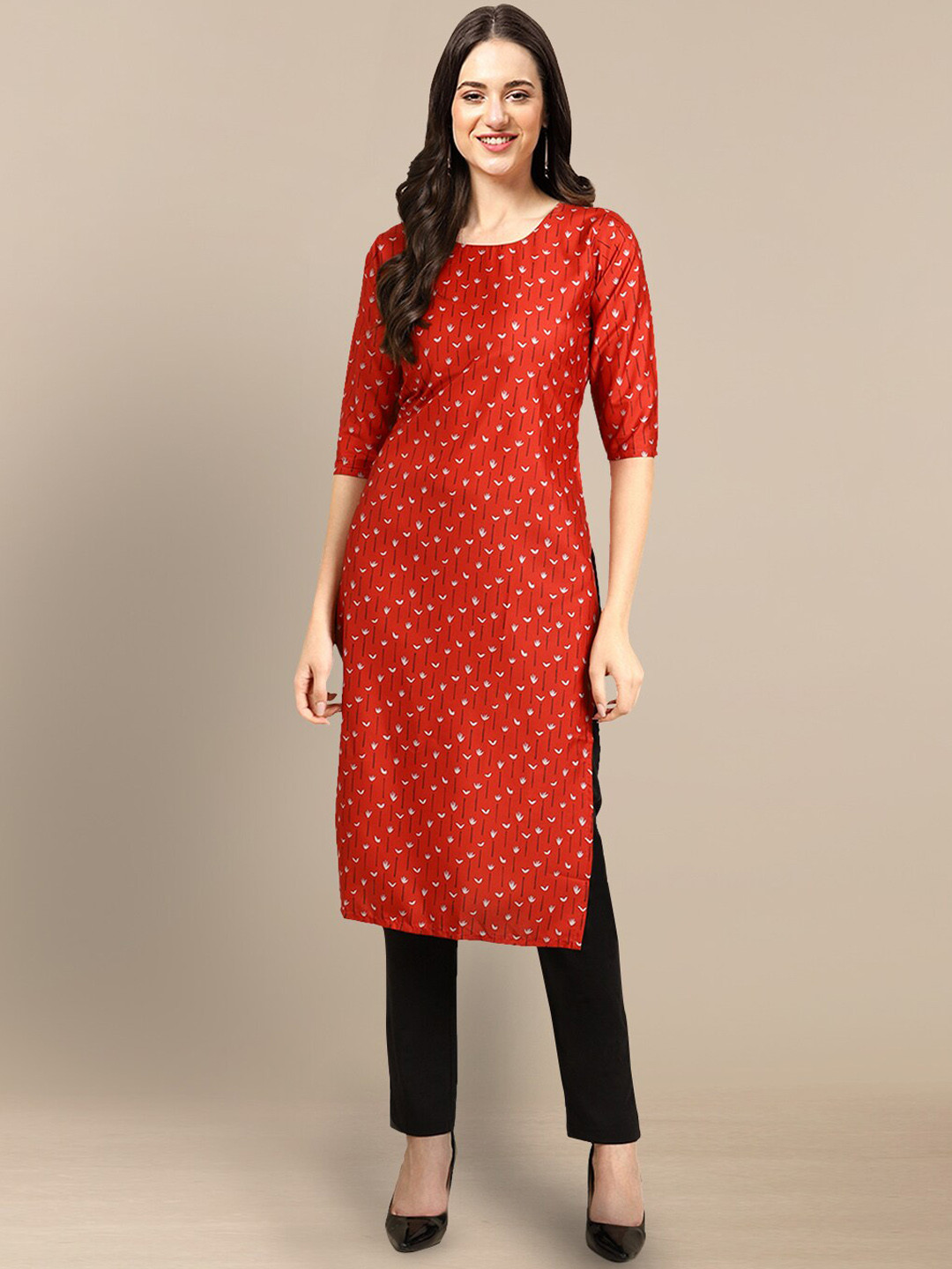 Buy 7Threads Women Red Ethnic Motifs Printed Straight Fit Crepe Kurta ...