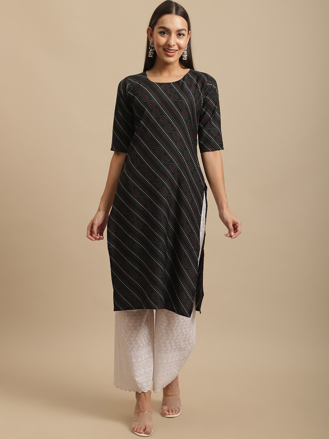 Buy 7Threads Women Black Ethnic Motifs Printed Block Print Crepe Kurta ...