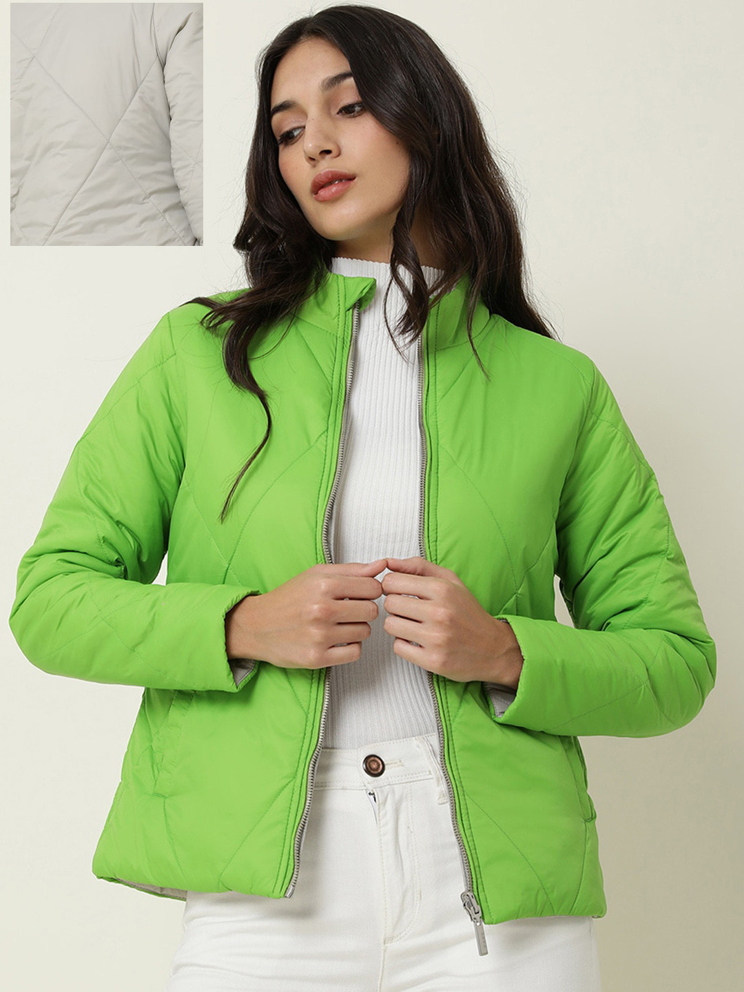 Buy RAREISM Women Green & Beige Reversible Puffer Jacket - Jackets for ...