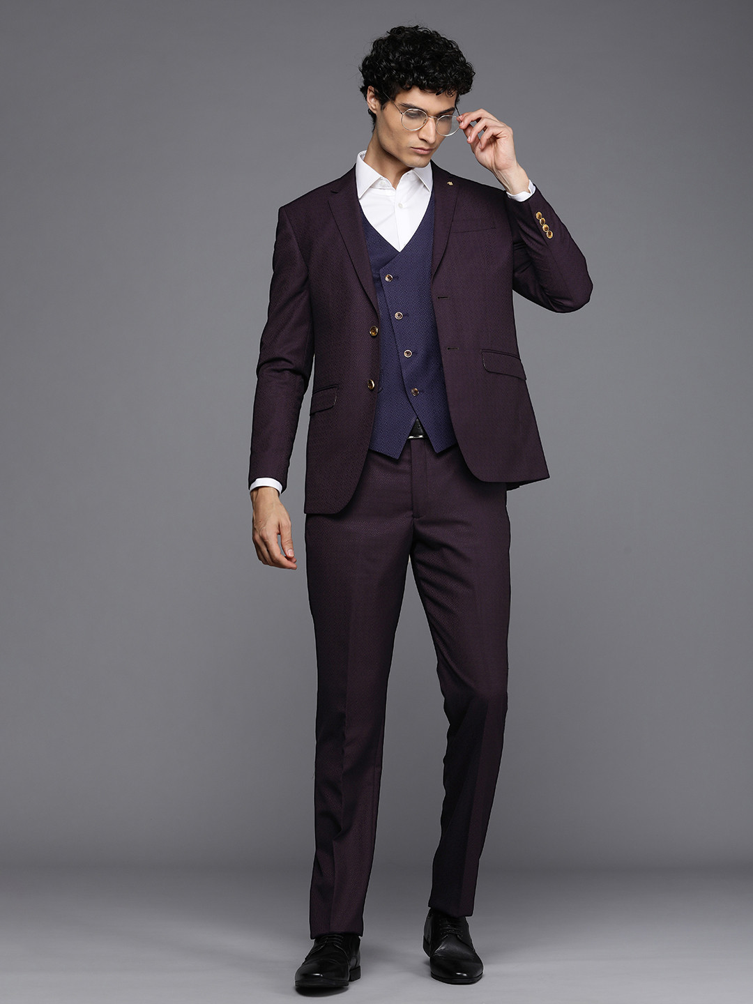Buy Louis Philippe Men Self Design Slim Fit Single Breasted Party Suit ...