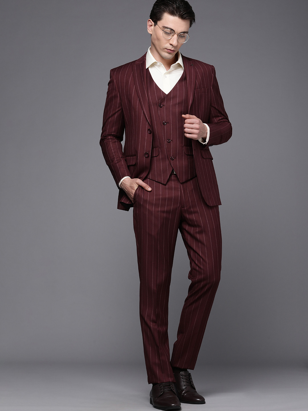 Buy Louis Philippe Men Striped Slim Fit Single Breasted Formal Three ...