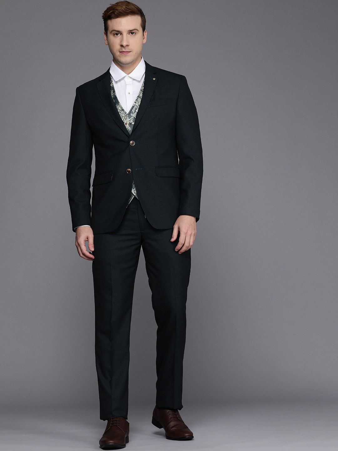 Buy Louis Philippe Men Green Self Design Formal 3 Piece Suit - Suits ...