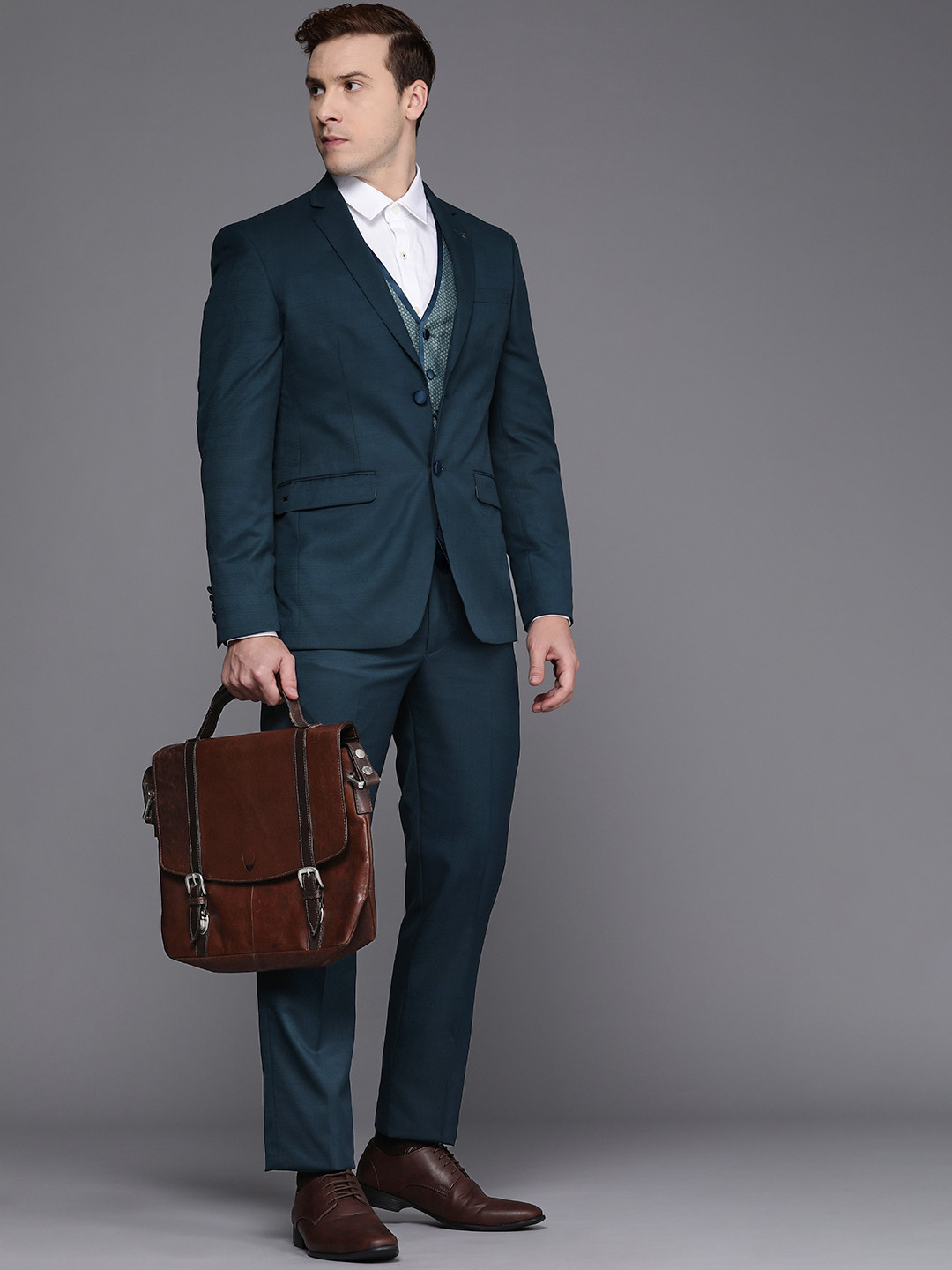 Buy Louis Philippe Men Teal Green Self Design Formal 3 Piece Suit ...