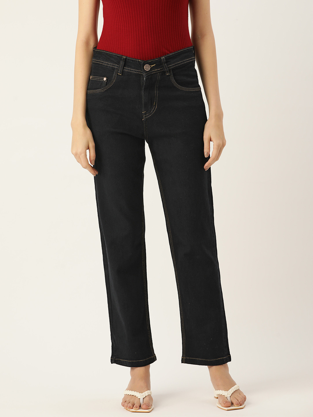 Buy PARIS HAMILTON Women Black Straight Fit High Rise Stretchable Jeans ...